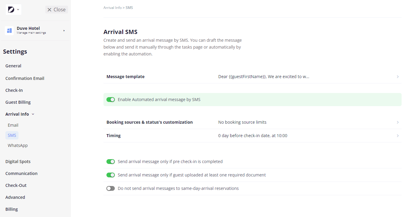 Arrival SMS – Duve
